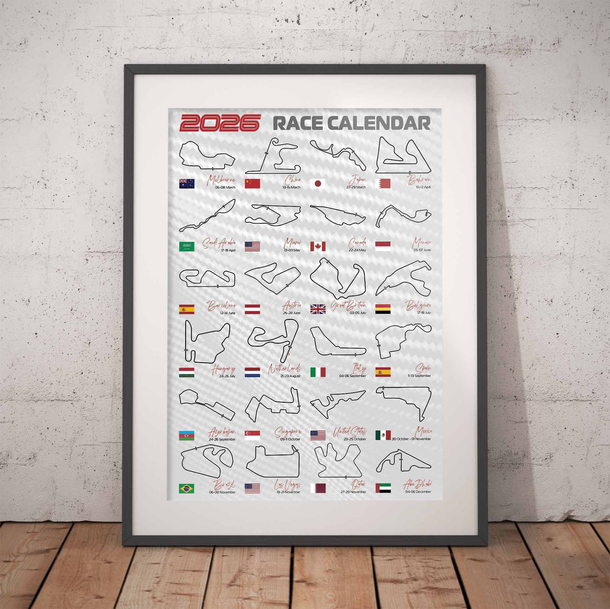 Formula 1 Race Calendar Poster 2026 - Basement Prints