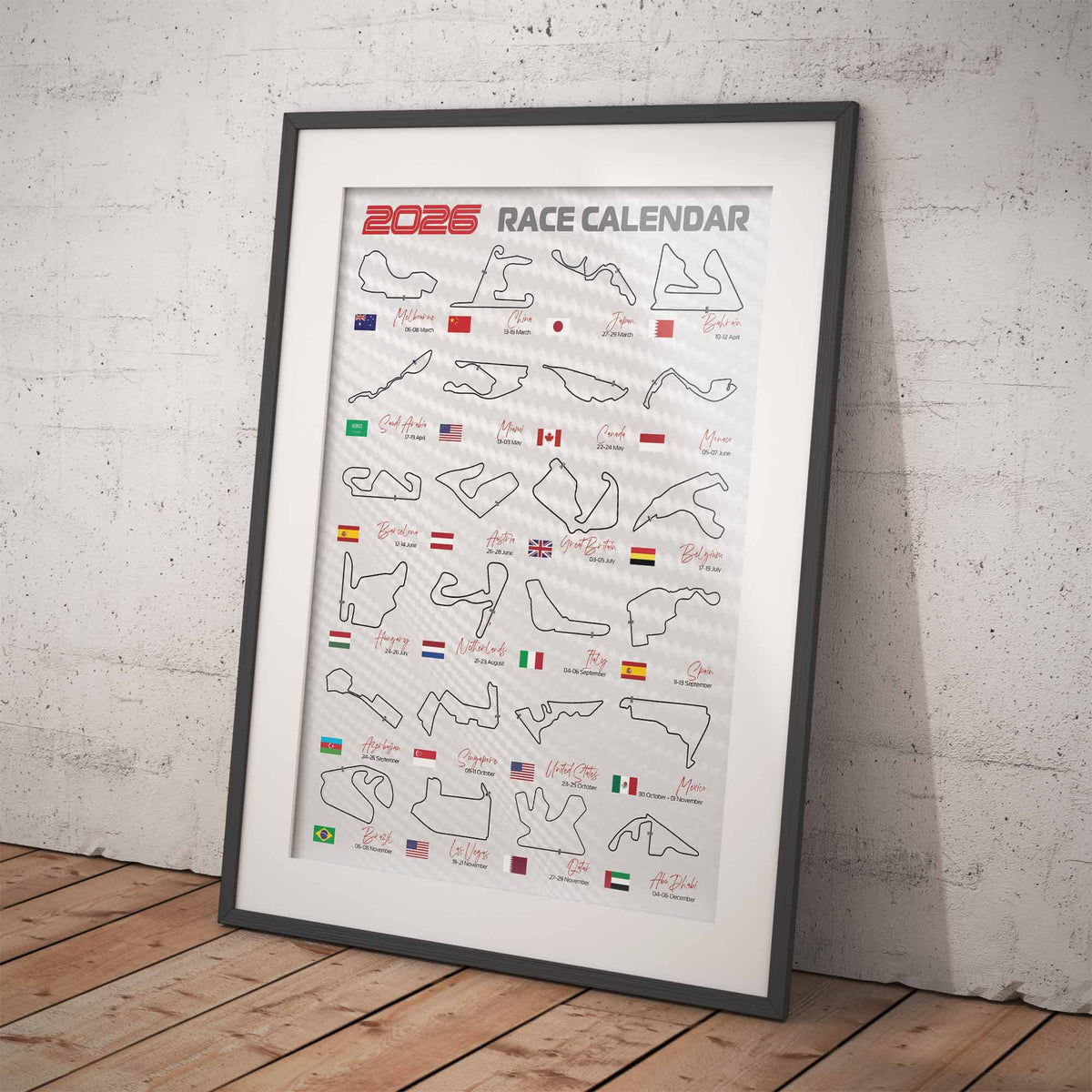 Formula 1 Race Calendar Poster 2026 - Basement Prints